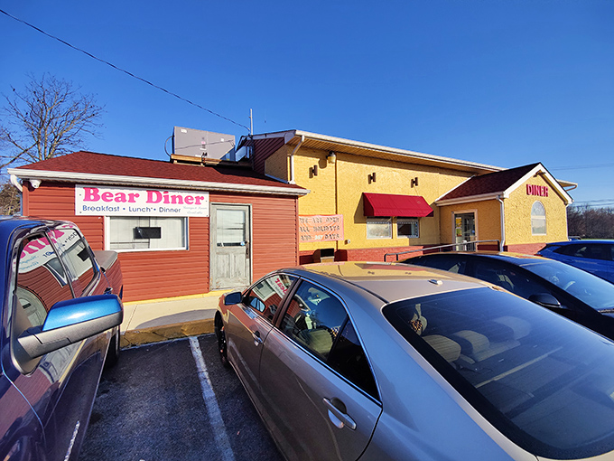 The sunshine-yellow exterior of Bear Diner stands as a cheerful beacon in Delaware, promising comfort food that feels like a warm hug.