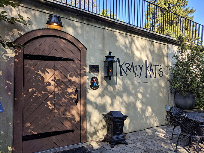 The entrance to culinary wonderland! This whimsical wooden door and playful signage promises an adventure before you've even stepped inside.