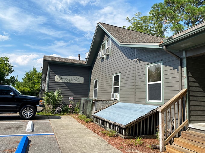 The unassuming gray exterior of The Boathouse Landing hides culinary treasures within, like finding a pearl in an oyster shell.