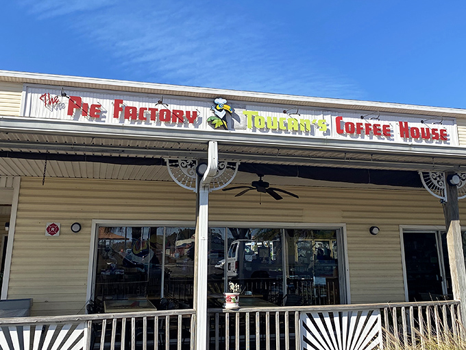 The Pie Factory's charming Old Florida exterior promises sweet treasures within. Palm trees and a welcoming porch set the perfect stage for pie-based euphoria.