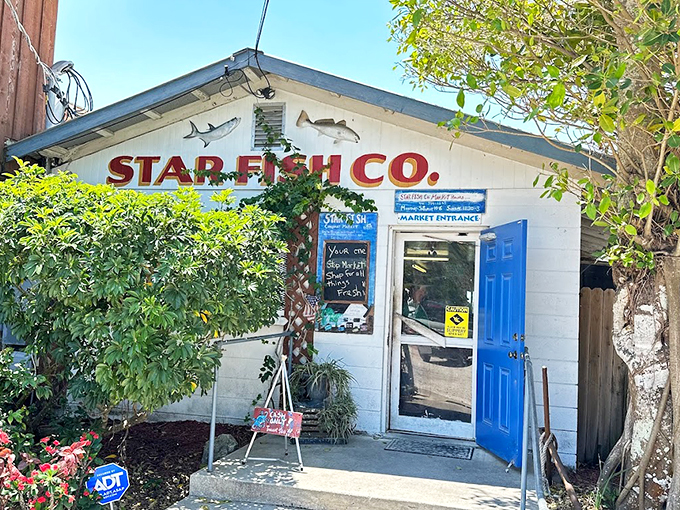 The unassuming entrance to seafood paradise &ndash; where blue doors and weathered wood promise authentic Florida flavors without an ounce of pretension.