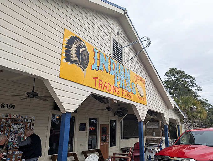 The unassuming exterior of Indian Pass Raw Bar stands as a testament that the best seafood often comes from places without valet parking.