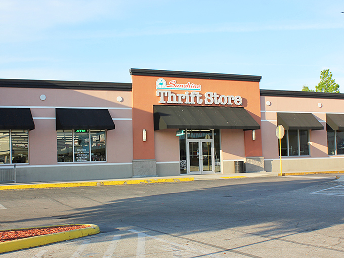 The coral-colored fa&ccedil;ade of Sunshine Thrift Store stands out like a beacon of bargain hope against Florida's perpetually cheerful sky.