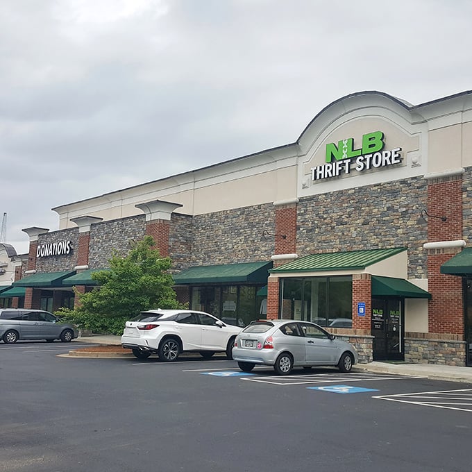 The stone and brick exterior of NLB Thrift Store in Woodstock gives off more upscale boutique vibes than typical secondhand shop. Treasure hunting begins here!