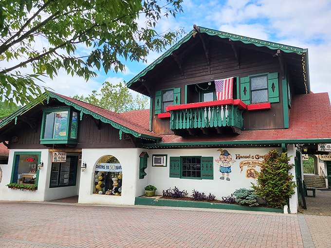The storybook comes to life! Hansel & Gretel's Bavarian-style exterior perfectly captures Helen's Alpine charm, complete with green shutters and whimsical character art.