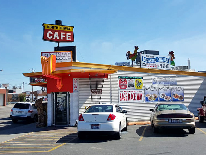 The iconic North Hi-Way Cafe sign stands tall against the Idaho sky, a beacon of breakfast hope for hungry travelers and locals alike.