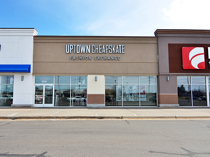 The unassuming storefront belies the fashion wonderland within. Like finding a gourmet burger joint in a gas station, Uptown Cheapskate's exterior promises affordable treasures.