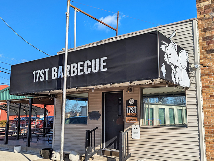 Welcome to BBQ paradise! 17th Street Barbecue's unassuming exterior hides a world of smoky delights within. It's like finding a treasure chest, but instead of gold, it's filled with ribs.