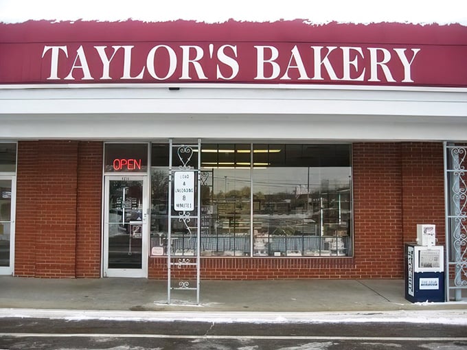 The iconic red awning of Taylor's Bakery stands as a beacon of sweetness in Indianapolis, promising delectable treasures within its unassuming exterior.
