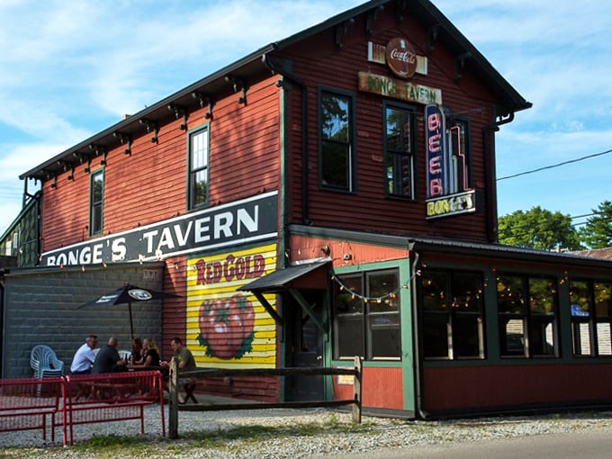 The unassuming exterior of Bonge's Tavern stands like a culinary mirage in rural Indiana, promising legendary steaks to those who make the pilgrimage.