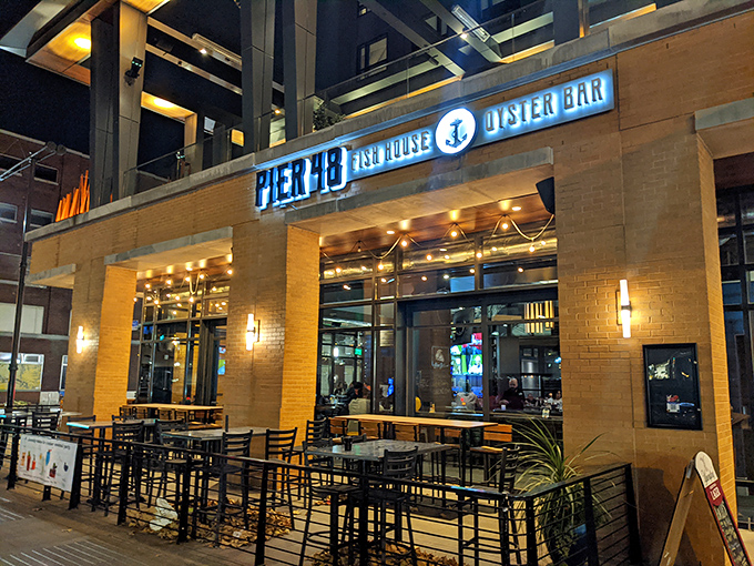 The coastal escape you never knew Indianapolis needed. Pier 48's modern exterior brings a slice of seaside charm to downtown Indy's urban landscape.