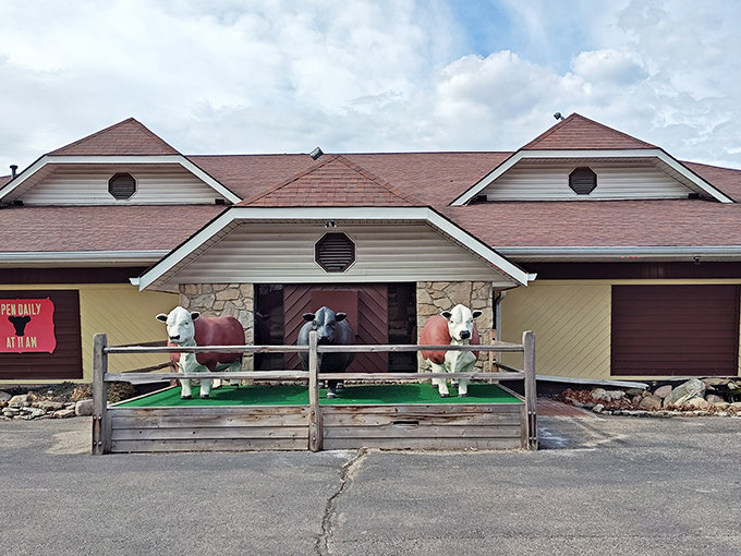 Those cow statues aren't just decoration&mdash;they're greeters, bouncers, and a promise of what awaits inside Bynum's rustic stone-and-wood exterior.