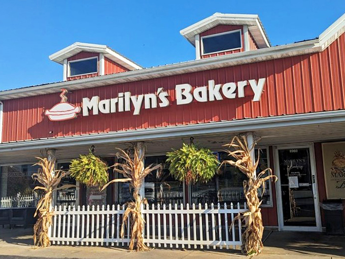 The red barn exterior of Marilyn's isn't just charming&mdash;it's a beacon of hope for those who believe butter makes everything better. Fall decorations complete the Hoosier welcome.