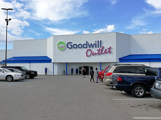 The white building with blue trim isn't trying to win architectural awards&mdash;it's saving its energy for the treasure hunt waiting inside.