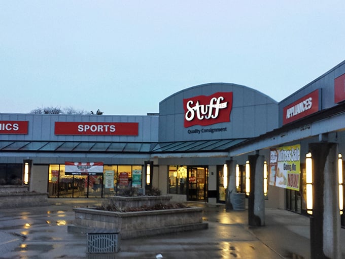 The iconic red Stuff Etc sign stands out like a beacon for bargain hunters, promising treasures within those brick walls.