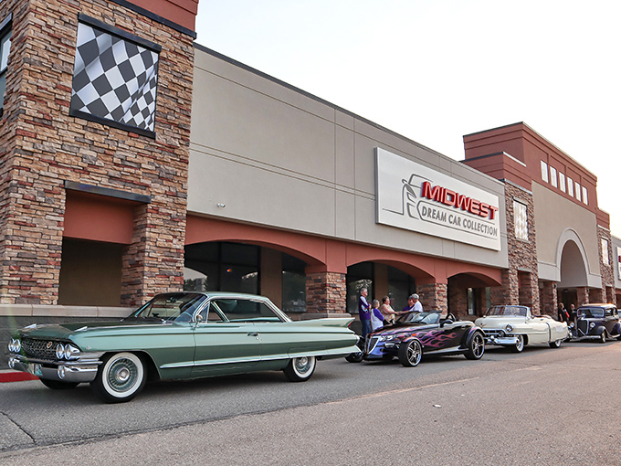 The Midwest Dream Car Collection's exterior promises automotive treasures inside, like finding a jewelry box filled with mechanical diamonds in the heart of Kansas. 