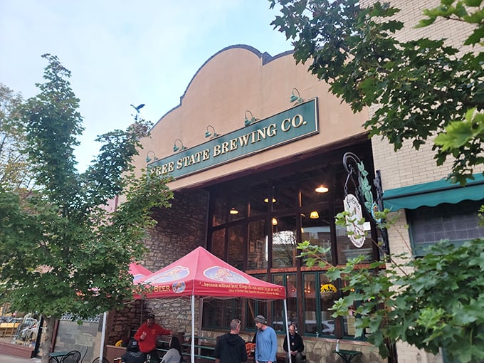 The iconic fa&ccedil;ade of Free State Brewing Company stands proudly on Massachusetts Street, like a beacon calling all hungry travelers home.