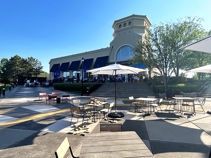 Newport Grill's exterior welcomes you with cheerful blue umbrellas and a sunny patio&mdash;like the Mediterranean coast decided to vacation in Kansas. 