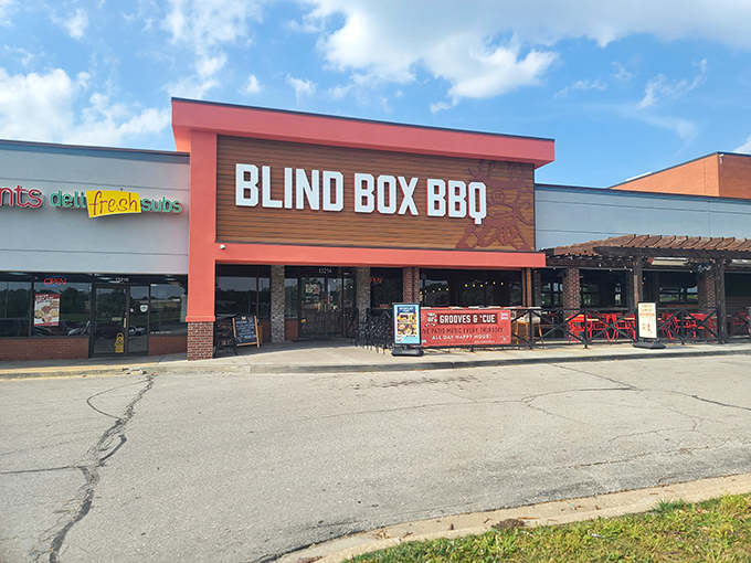 The bright orange facade of Blind Box BBQ stands out like a beacon for hungry barbecue pilgrims. No smoke signals needed&mdash;you can smell the goodness from the parking lot.