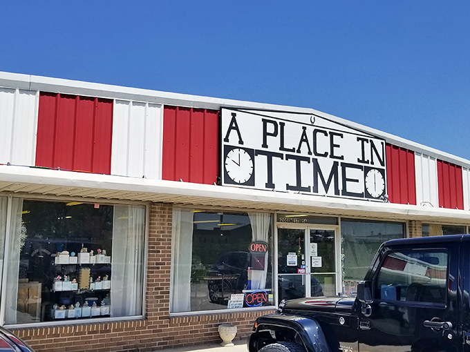 The red and white exterior of A Place In Time isn't just eye-catching&mdash;it's practically announcing "treasures inside!" like a carnival barker with better taste.