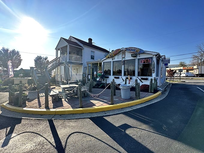 Paradise found! The charming exterior of Beef 'n Buns 'n Paradise beckons with its beachy vibe and outdoor seating&mdash;a tropical escape in suburban Maryland.