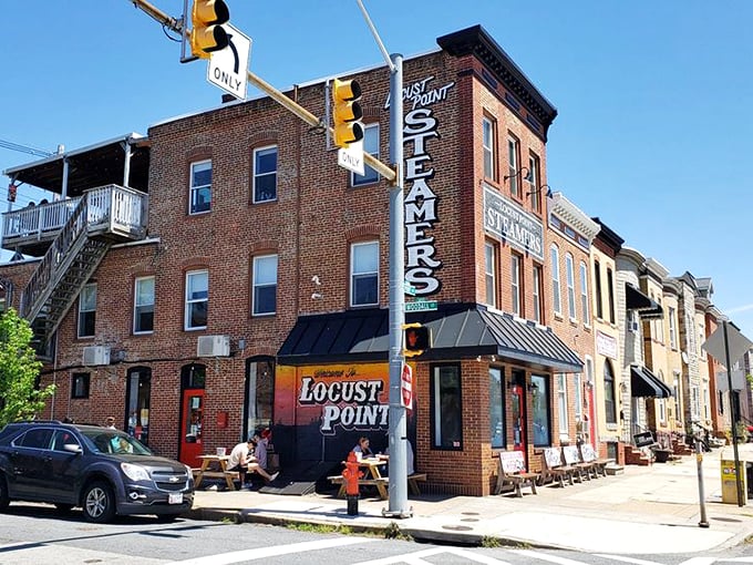 That iconic vertical "STEAMERS" sign is like a lighthouse for the hungry, guiding seafood pilgrims to this brick corner of Baltimore's Locust Point neighborhood.