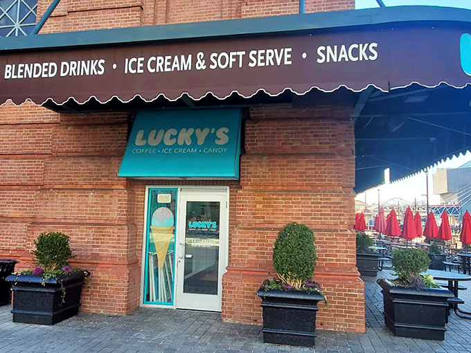 Lucky's vibrant turquoise storefront stands out against the brick building like a beacon of sweetness, promising three essential food groups: caffeine, sugar, and more sugar.