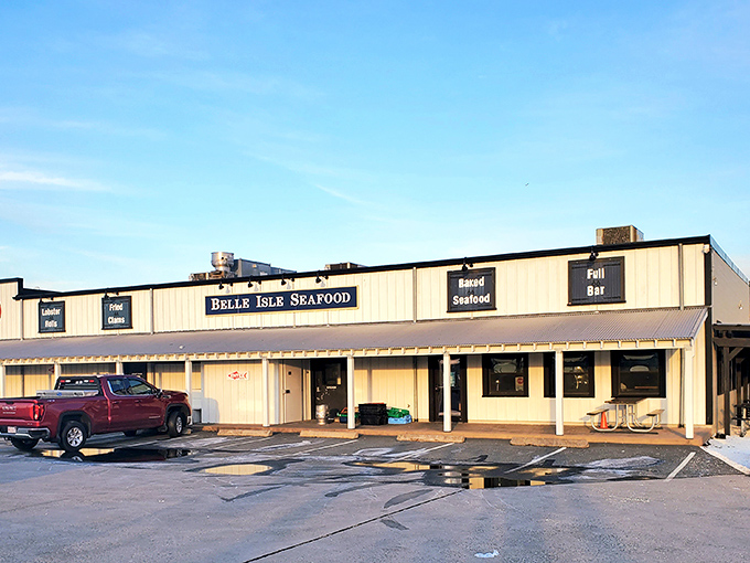 The unassuming exterior of seafood paradise &ndash; where luxury cars and work trucks share parking spaces in democratic pursuit of lobster perfection. 