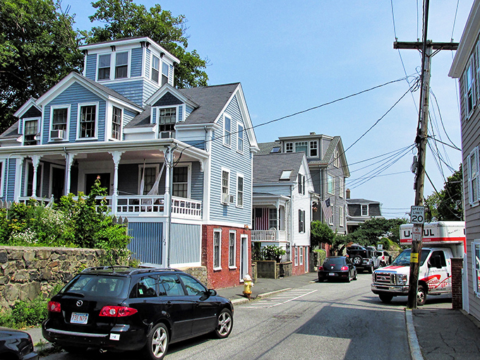 Colorful colonial buildings line Marblehead's historic streets, where time seems to slow down and history whispers from every corner.