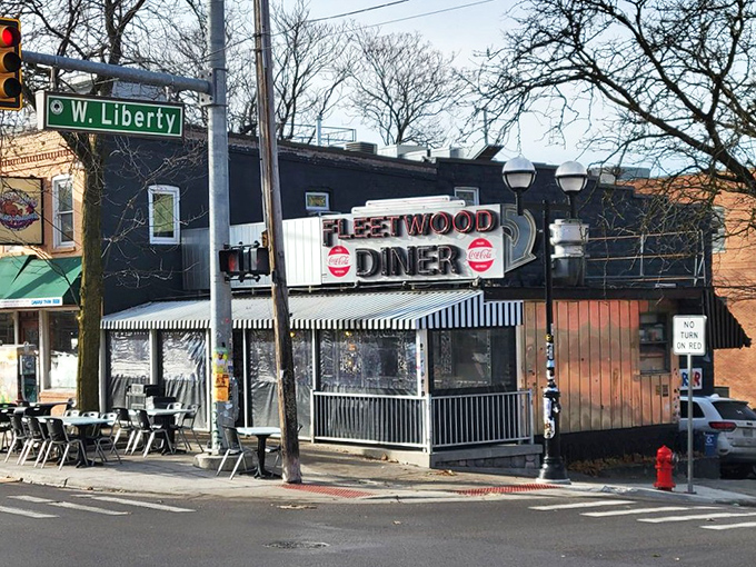 The iconic Fleetwood Diner sign glows like a beacon for hungry souls, promising comfort food and a slice of Ann Arbor history.
