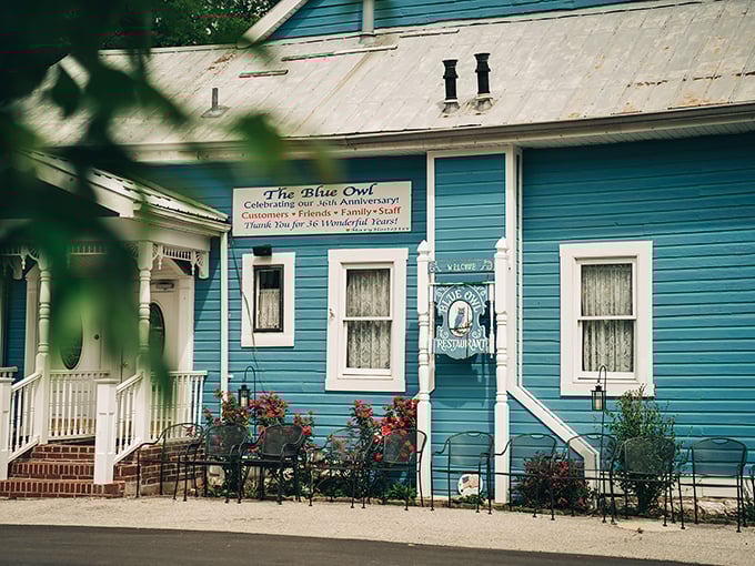 The blue clapboard building with white trim looks like it should be on a postcard labeled "American Comfort." This charming exterior welcomes dessert pilgrims from across the Midwest. 