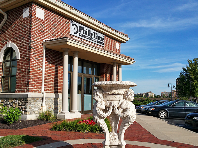 The stately brick exterior of Philly Time stands like a temple to sandwich perfection, complete with columns that say "We take our cheesesteaks seriously."