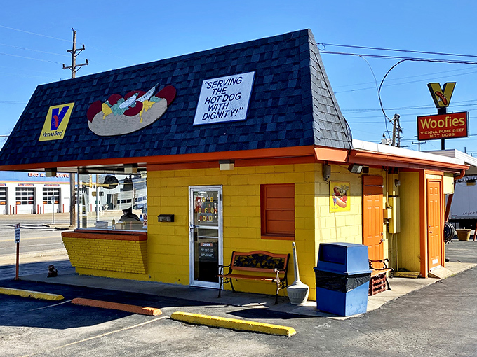 The sunshine-yellow exterior of Woofie's isn't just a building&mdash;it's a beacon of hope for the hot dog deprived. "Serving the hot dog with dignity" isn't just a slogan, it's a mission statement.