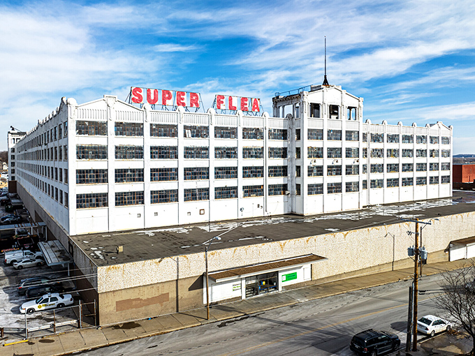 The imposing white fortress of Super Flea stands against a brilliant blue Missouri sky &ndash; a siren call to bargain hunters and collectors alike.