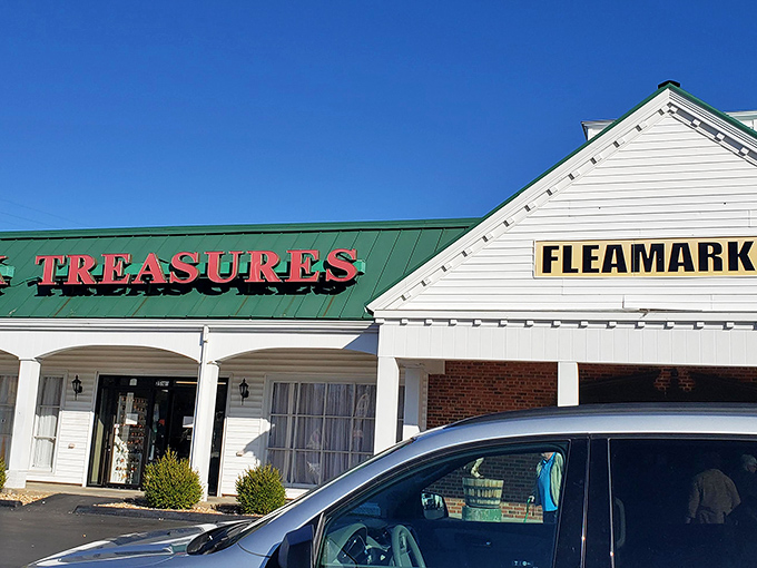 The stately exterior with its distinctive green roof announces "FLEAMARKET" like a siren song to treasure hunters everywhere.