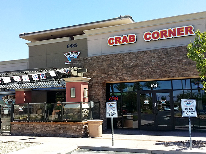 The desert mirage is real! Crab Corner's stone facade and bright red signage stands out like a seafood lighthouse beckoning hungry Nevadans home.