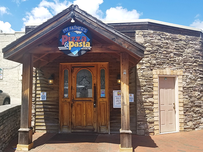 The stone facade of My Father's Pizza welcomes visitors like a mountain cabin that happens to serve world-class pizza. Rustic charm meets culinary excellence.