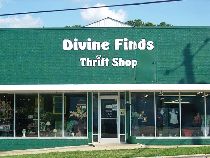 The teal storefront of Divine Finds stands like a portal to another era, inviting treasure hunters to step through and begin their journey.