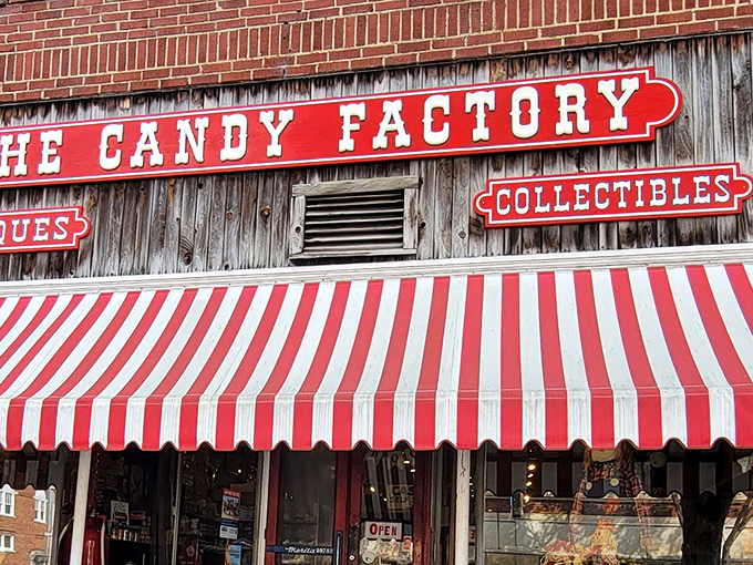 The iconic red-and-white striped awning beckons like a sugary lighthouse, guiding sweet-toothed sailors to this brick-fronted paradise in downtown Lexington.