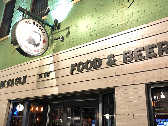 The mint-green facade of The Eagle OTR stands proudly in Cincinnati's historic district, like a Southern food embassy on Ohio soil.