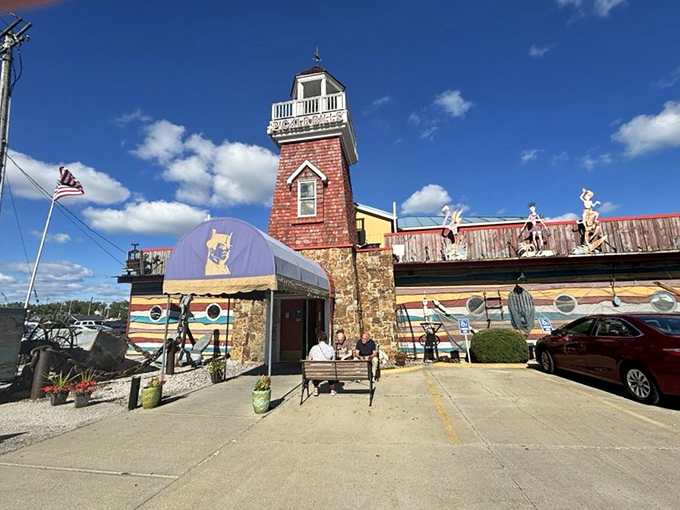 The lighthouse beckons seafood lovers like a maritime mirage in Ohio. Pickle Bill's exterior promises nautical adventures for your taste buds.