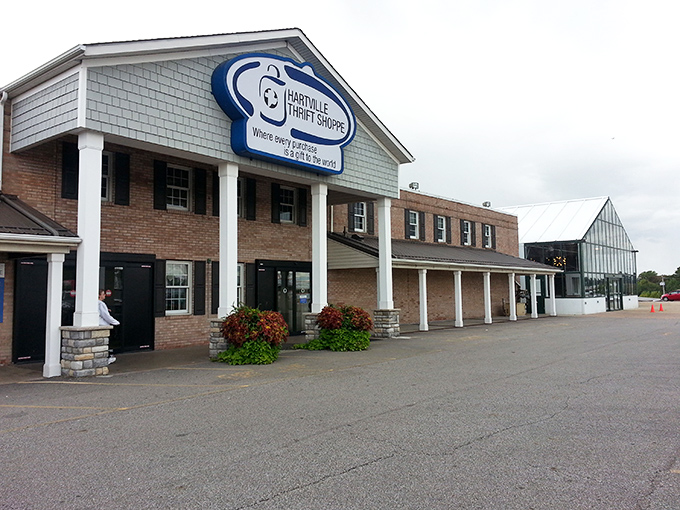 The colonial-style facade of Hartville Thrift Shoppe promises treasure hunting adventures behind those brick walls. Like a secondhand Narnia, it beckons bargain seekers from across Ohio.