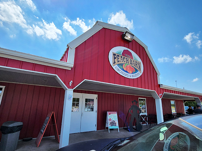 The iconic red barn stands proudly against the Oklahoma sky, like a beacon calling to pie lovers everywhere. "Peach Barn" isn't just a name&mdash;it's a promise.