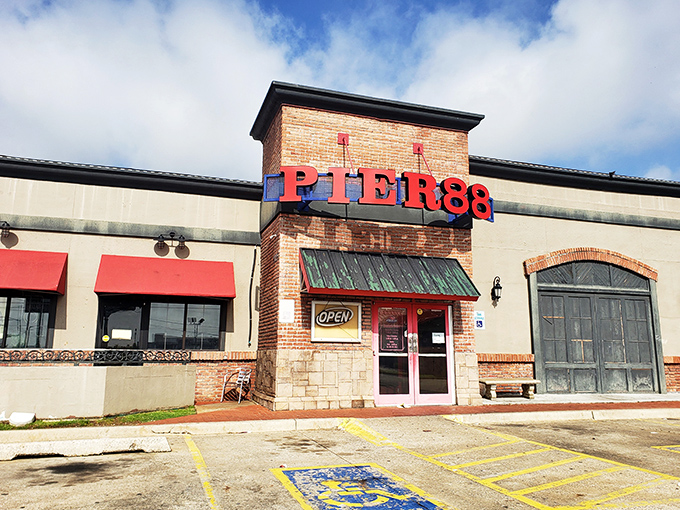 The bright red Pier 88 sign stands out like a lighthouse for seafood lovers, beckoning hungry Oklahomans to this coastal oasis in the heartland.
