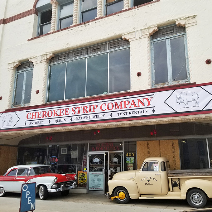 The historic fa&ccedil;ade of Cherokee Strip Company beckons treasure hunters with its iconic teepee standing guard outside&mdash;a portal to Oklahoma's past waiting to be explored.