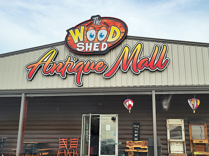 The Woodshed Antique Mall makes quite the first impression with its vibrant signage promising adventures in vintage shopping. Modern meets nostalgic with EV charging available for time travelers.