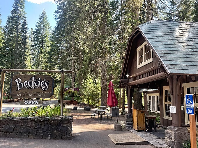 Beckie's rustic cabin exterior looks like it was plucked straight from a fairy tale about comfort food and forest adventures. 