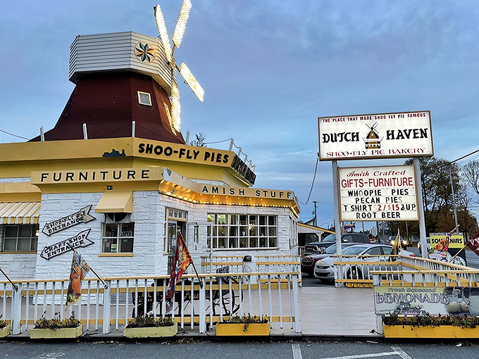 The iconic windmill atop Dutch Haven stands like a lighthouse for dessert lovers, guiding hungry travelers to pie paradise on Route 30. 
