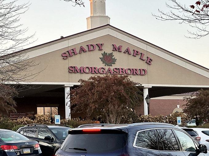 The grand entrance to Shady Maple stands like a culinary cathedral in Pennsylvania Dutch Country, promising gastronomic salvation within its welcoming walls.