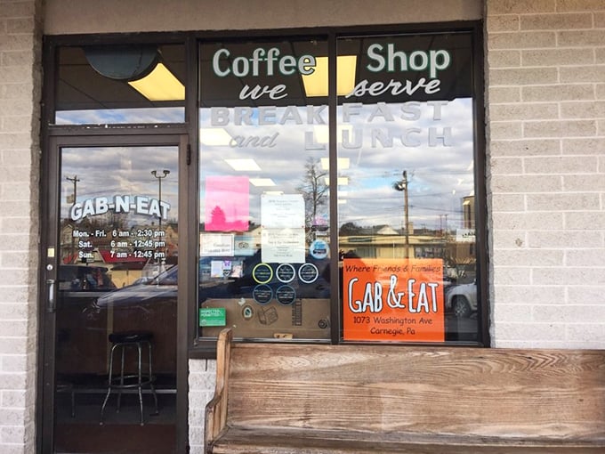 The red letters of Gab & Eat shine like a beacon of breakfast hope, conveniently located next to a barber shop&mdash;get your eggs and a haircut in one trip! 